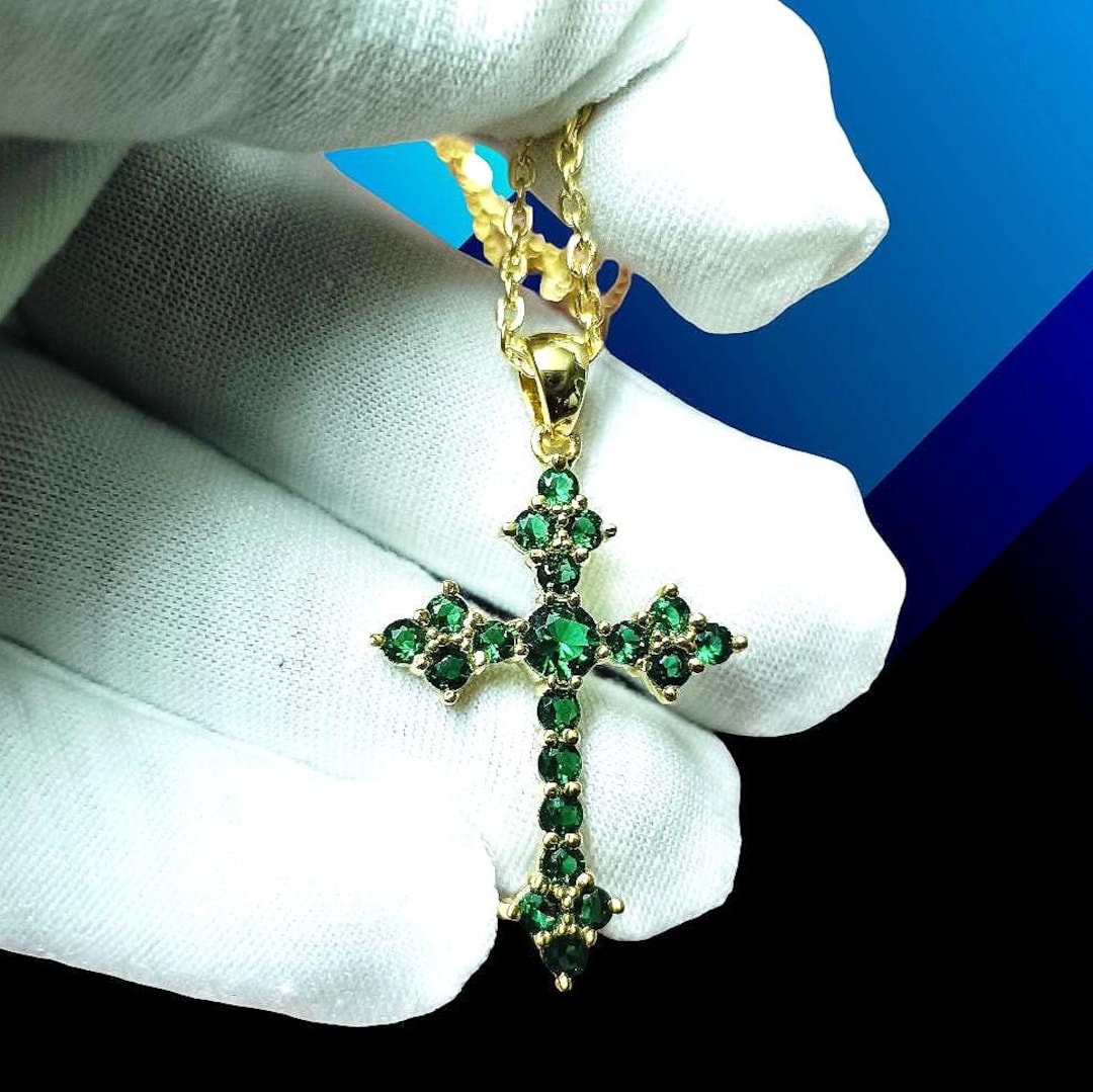 Emerald Cross Pendant Simulated Green Emerald Necklace 14K Yellow Gold ...