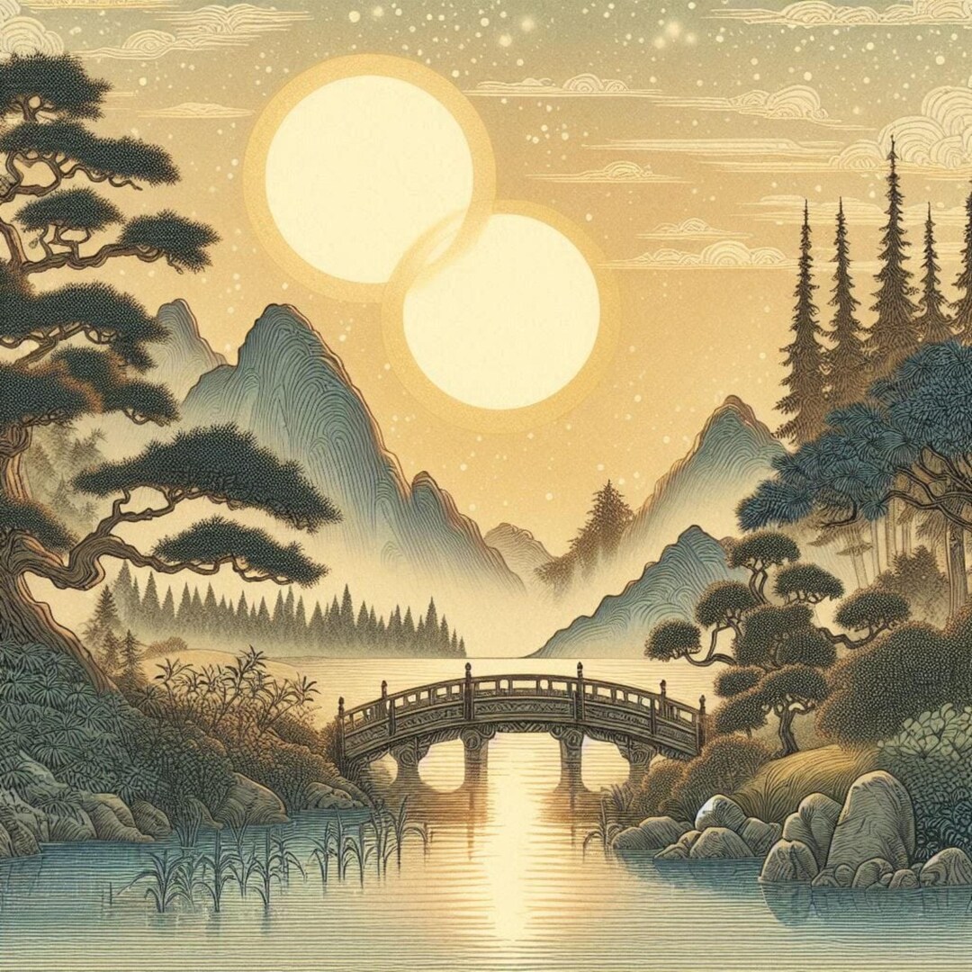 Zen Bridge Digital Art: Japanese Landscape With Twin Suns (PNG ...