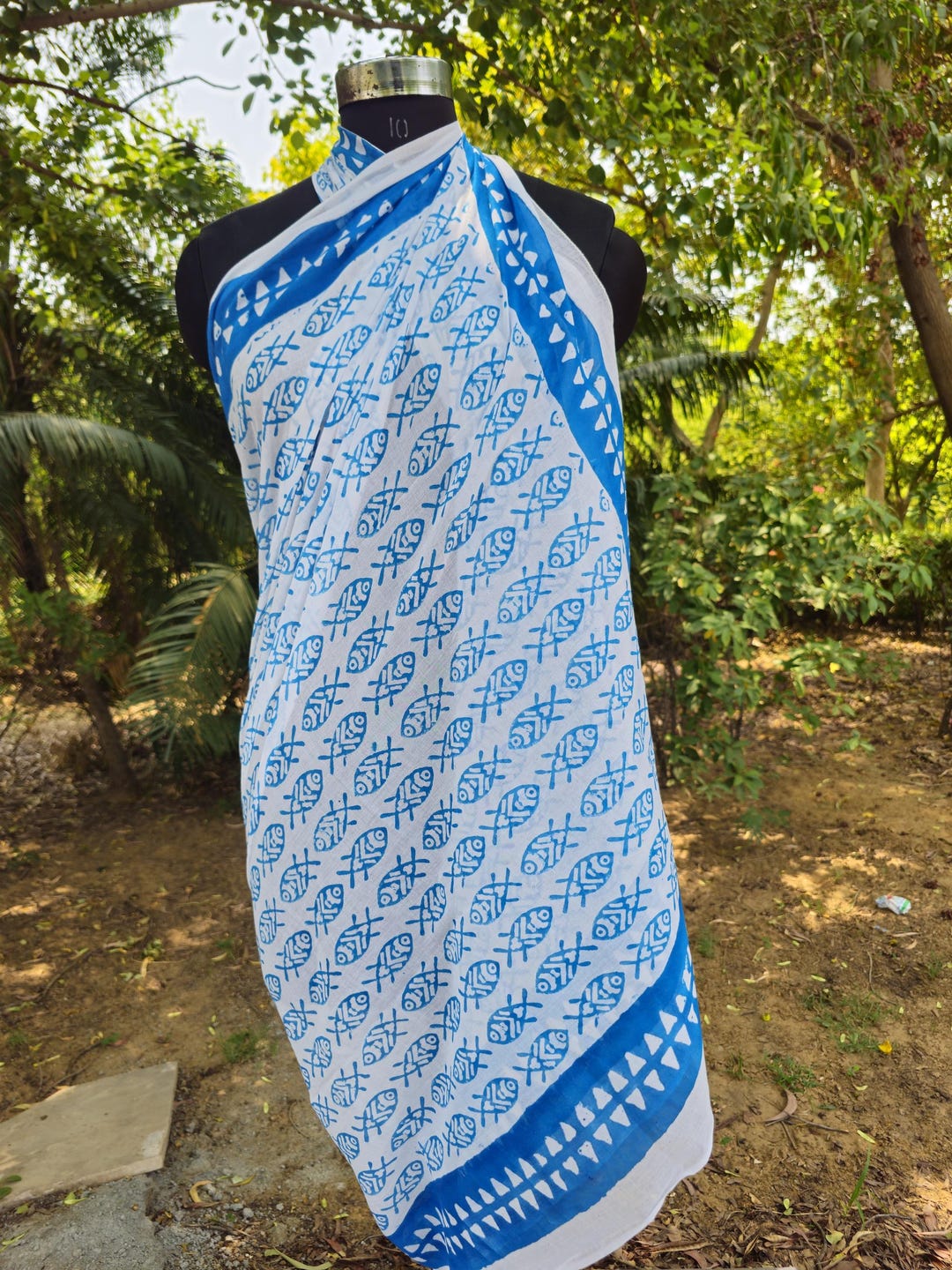 Blue Fish Print Hand Block Cotton Sarong, Beachwear, Swimwear, Summer ...