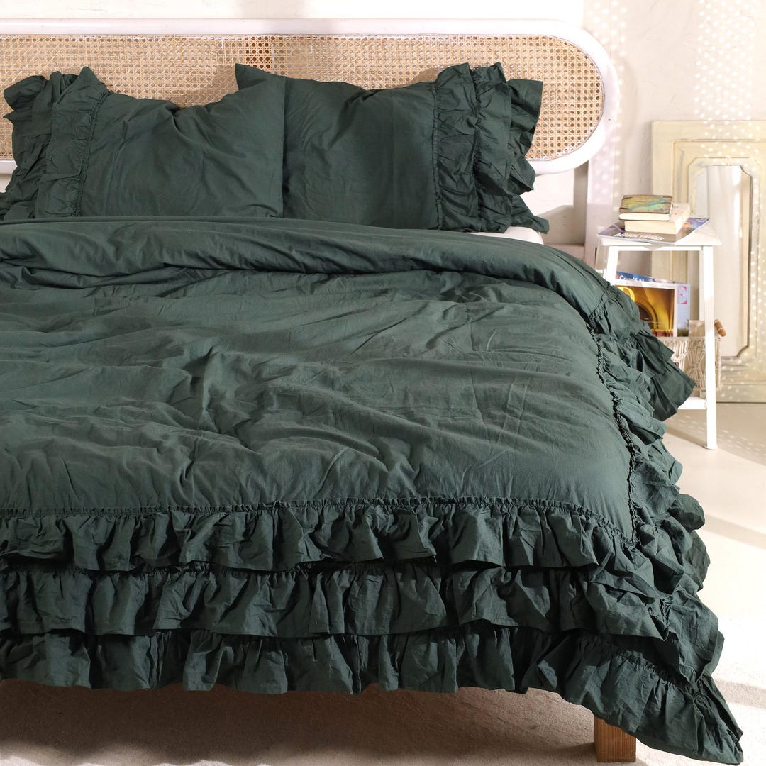 Triple Ruffled Duvet Cover | Forest Green Bedding | Duvets | Shabby ...