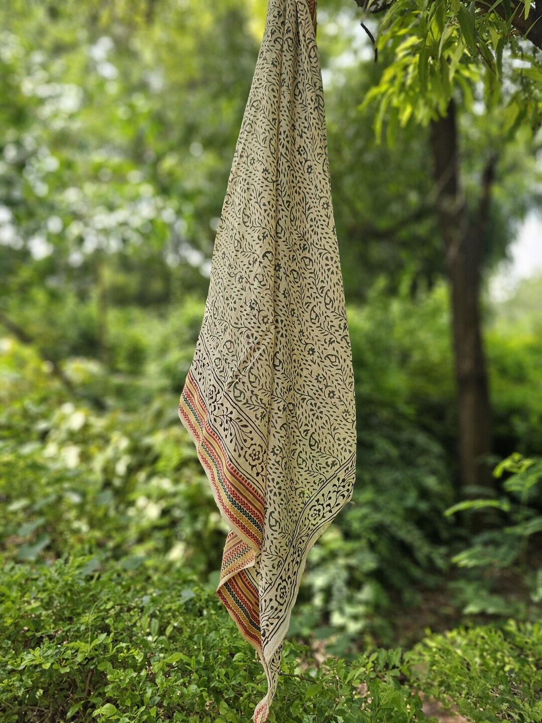 Hand Block Printed Cotton Sarong With Gold Silk Border, Floral Design ...