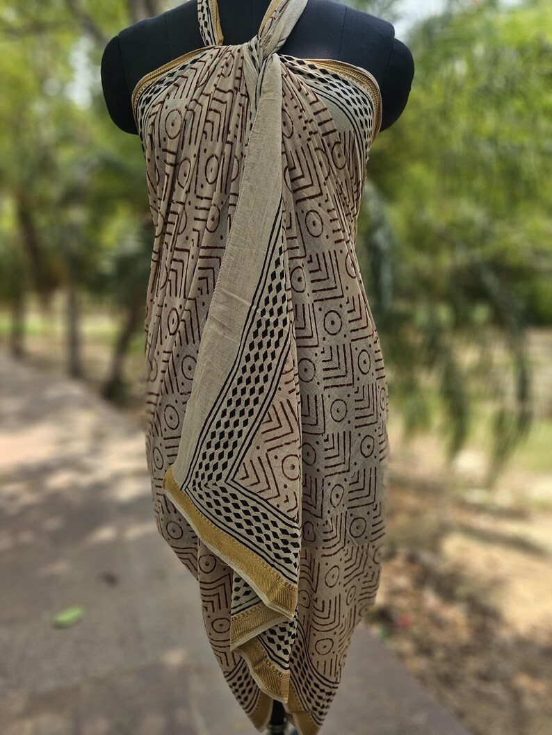 Hand Block Printed Zari Cotton Sarong, Beach Wrap Pareo, Long Scarf ...