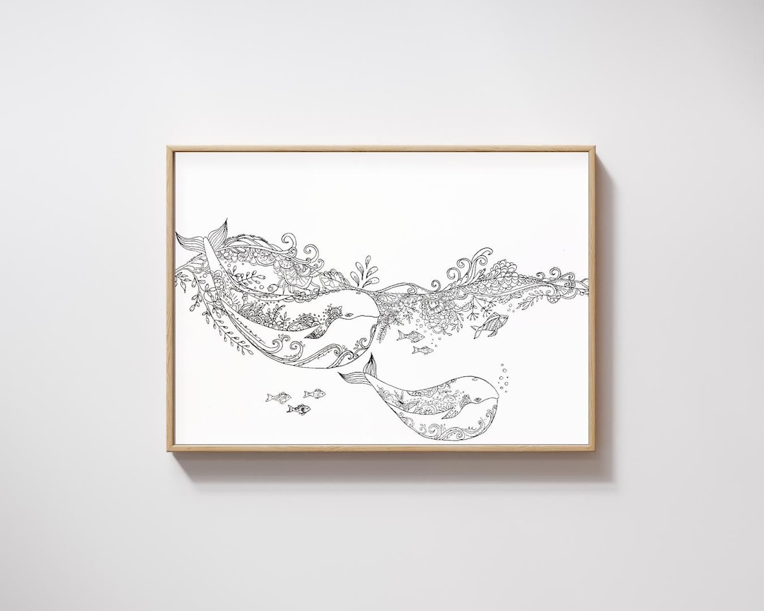 Whales Pen and Ink Drawing Art Print Digital Download - Etsy