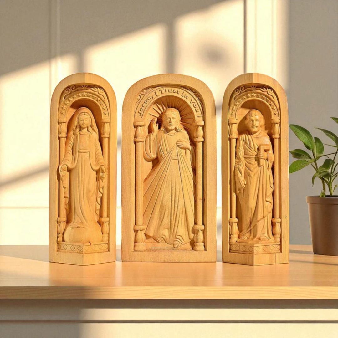 Sacred Trinity Wood Carving Trio - Handcrafted Jesu-mary Joseph Folding ...