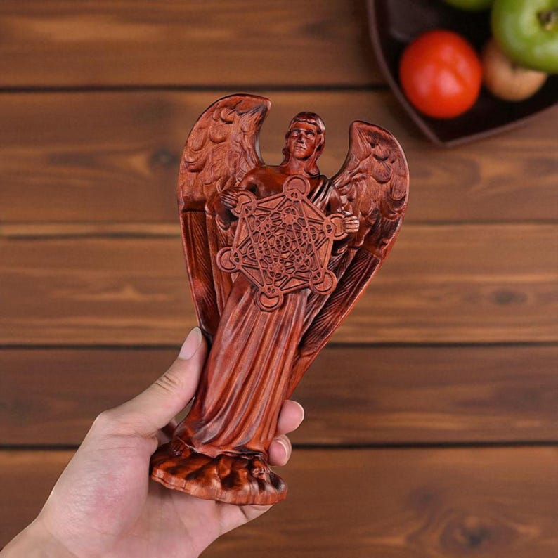 Metatron’s Cube Angel Statue – Hand Carved Beechwood Guardian ...
