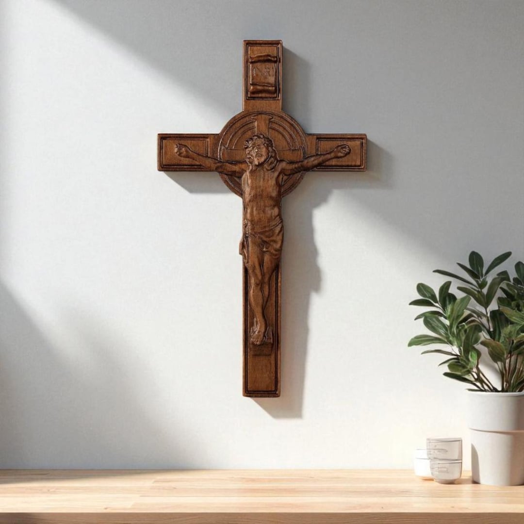 Bgcopper INRI Wood Carving Crucifix – Handcrafted Wall Decor, Religious ...
