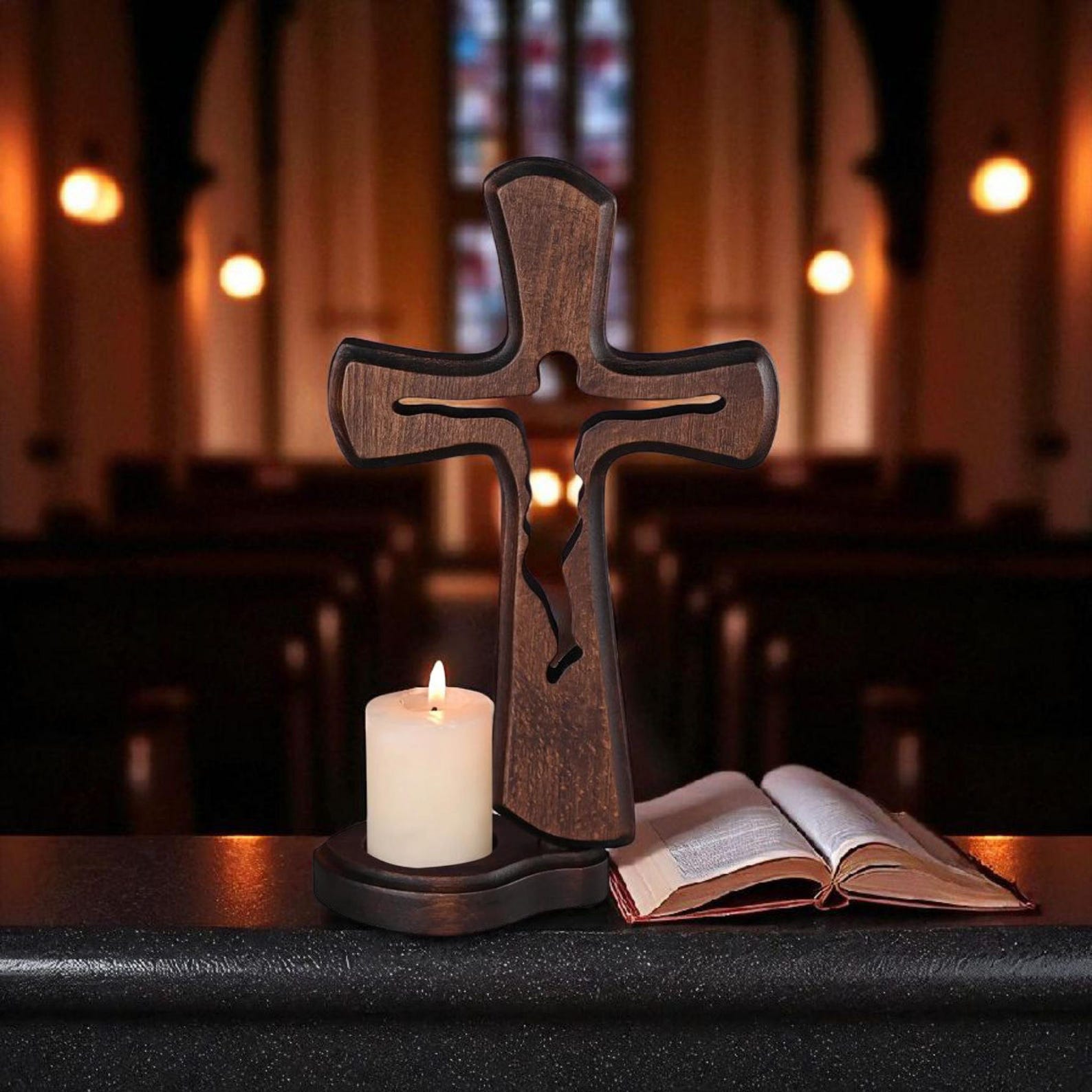 Beechwood Cross Candle Holder – Religious Home Decor, Christian Gift ...