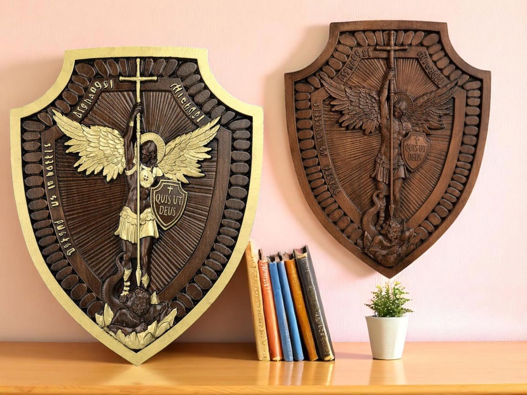 Handcrafted Archangel Michael Shield: Ash Wood Carving, Religious Home ...