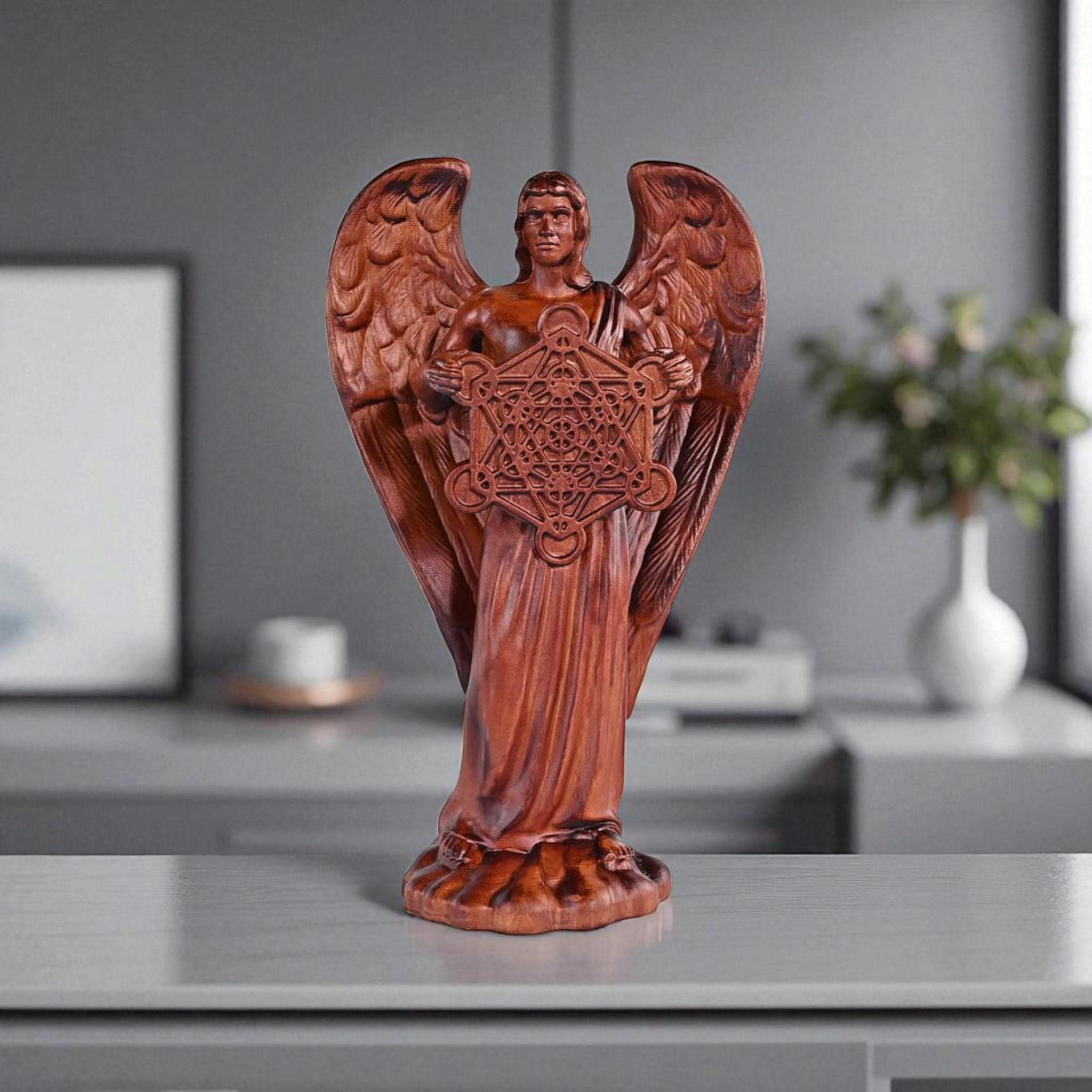 Metatron’s Cube Angel Statue – Hand Carved Beechwood Guardian ...