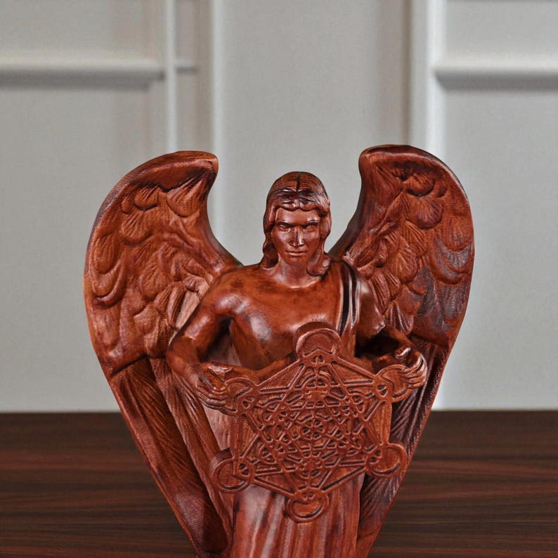 Metatron’s Cube Angel Statue – Hand Carved Beechwood Guardian ...