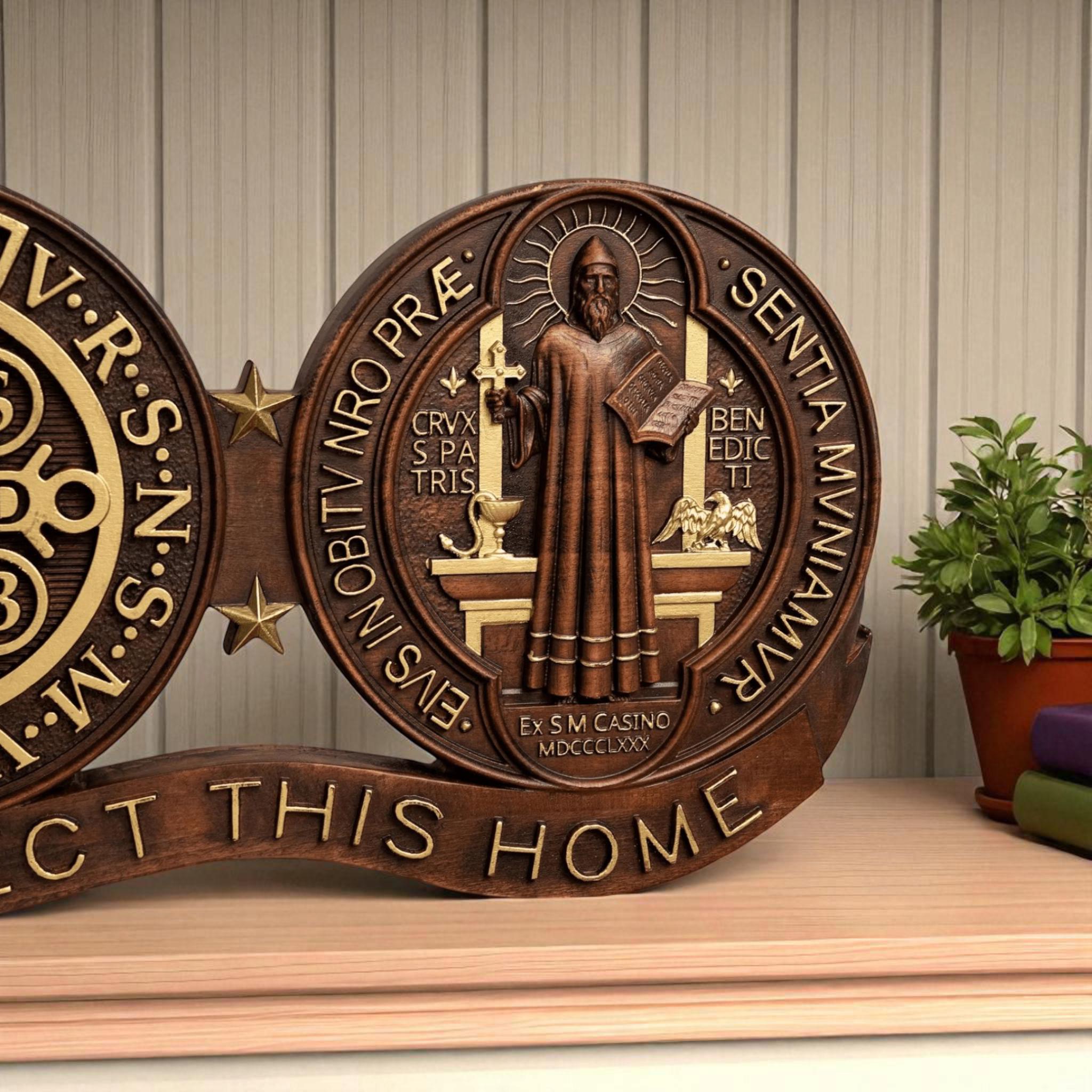 Hand-carved St. Benedict & St. Michael Plaque: Beech Wood Catholic ...
