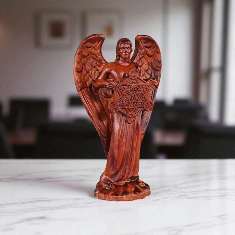 Metatron’s Cube Angel Statue – Hand Carved Beechwood Guardian ...