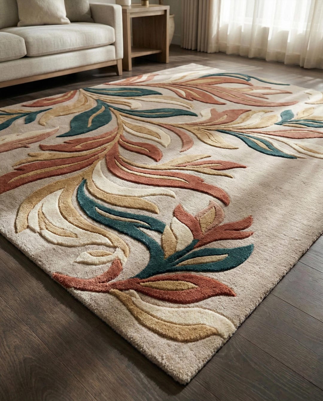 Beige Botanical Wool Rug, Hand Tufted Terracotta Teal Leaf Living Room ...