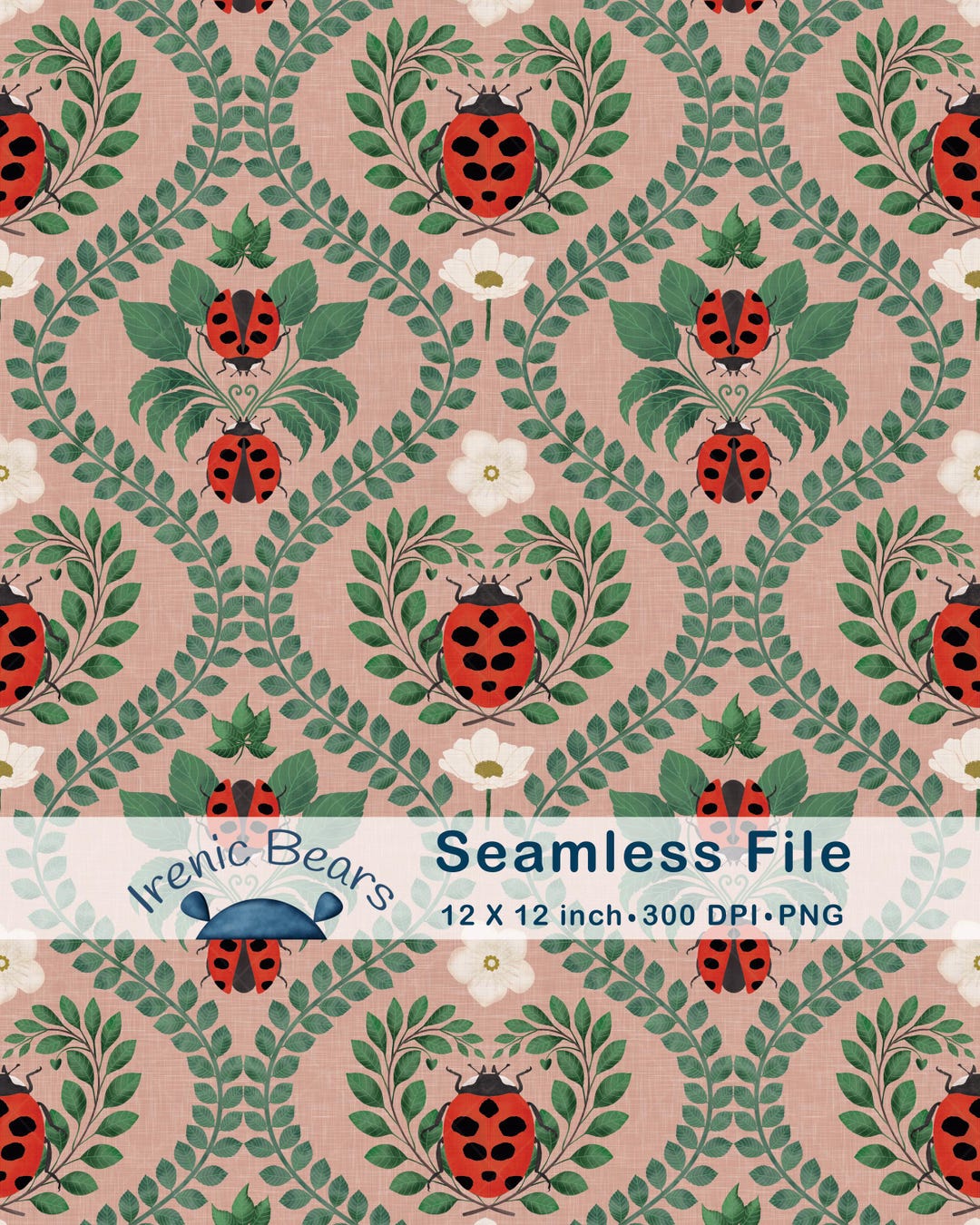 Ladybug Seamless Pattern, Ogee Vine Foliage, Dusty Pink (PNG Download ...