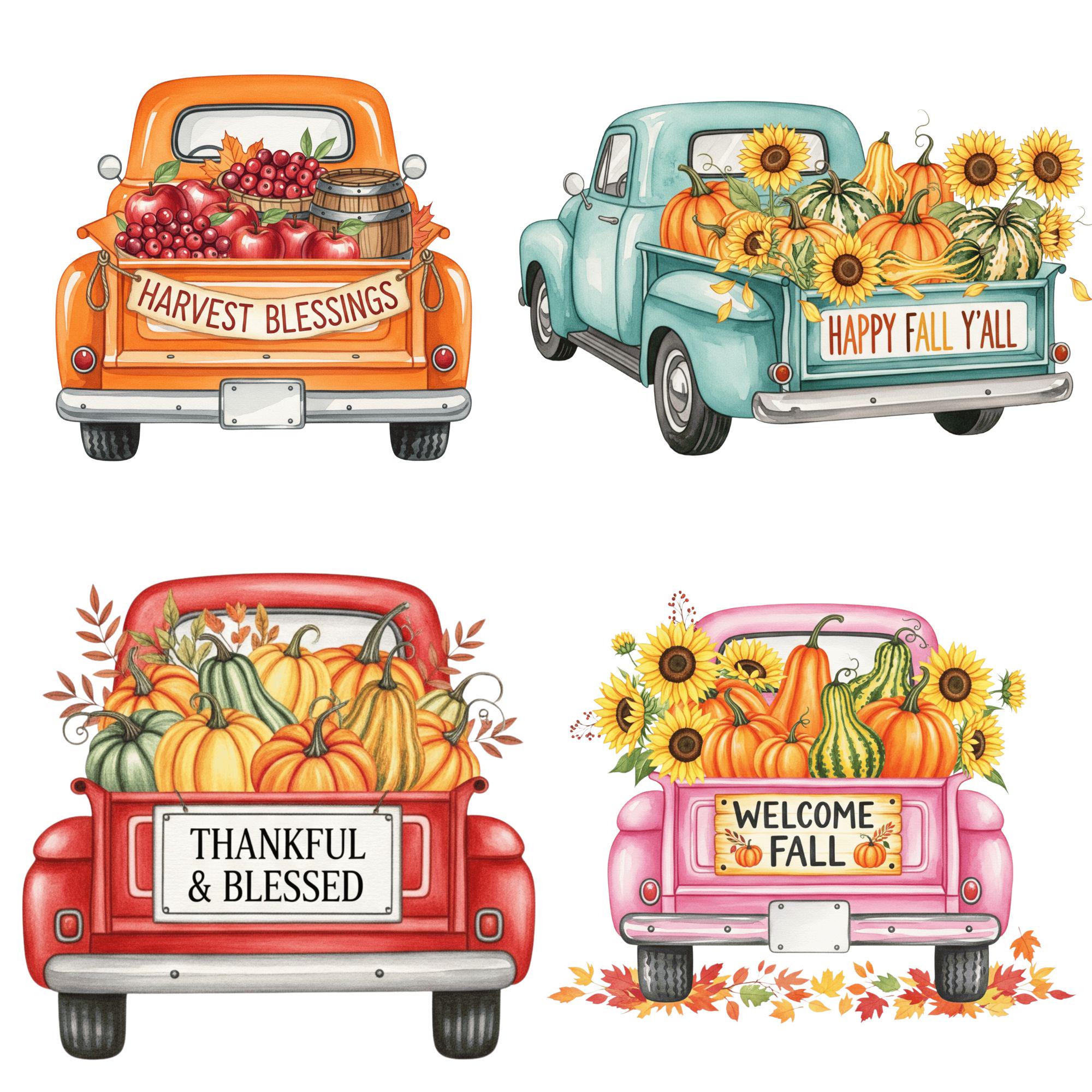 Watercolor Fall Truck Clipart, Pumpkin Truck PNG, Autumn Harvest Truck ...