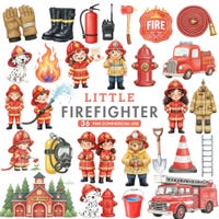 Watercolor Fireman Clipart | Firefighter, Helmet, Hose, Extinguisher ...