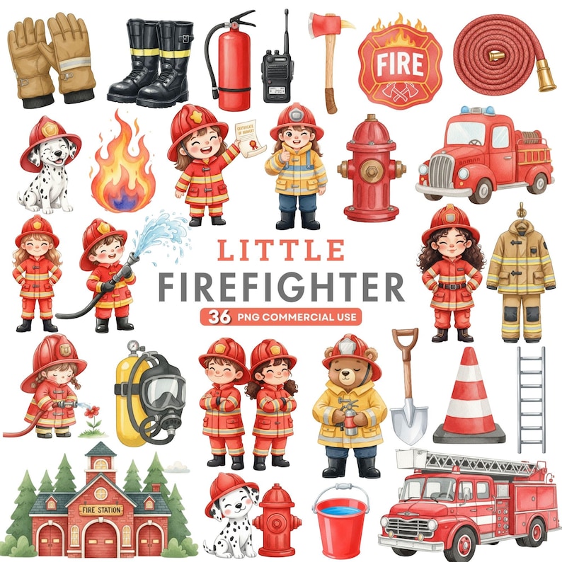 Little Firefighter Clipart, Watercolor Fire Truck PNG, Kids Firefighter ...