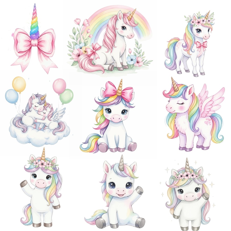 Cute Unicorn Clipart, Watercolor Rainbow & Pastel Unicorns, Baby Shower ...