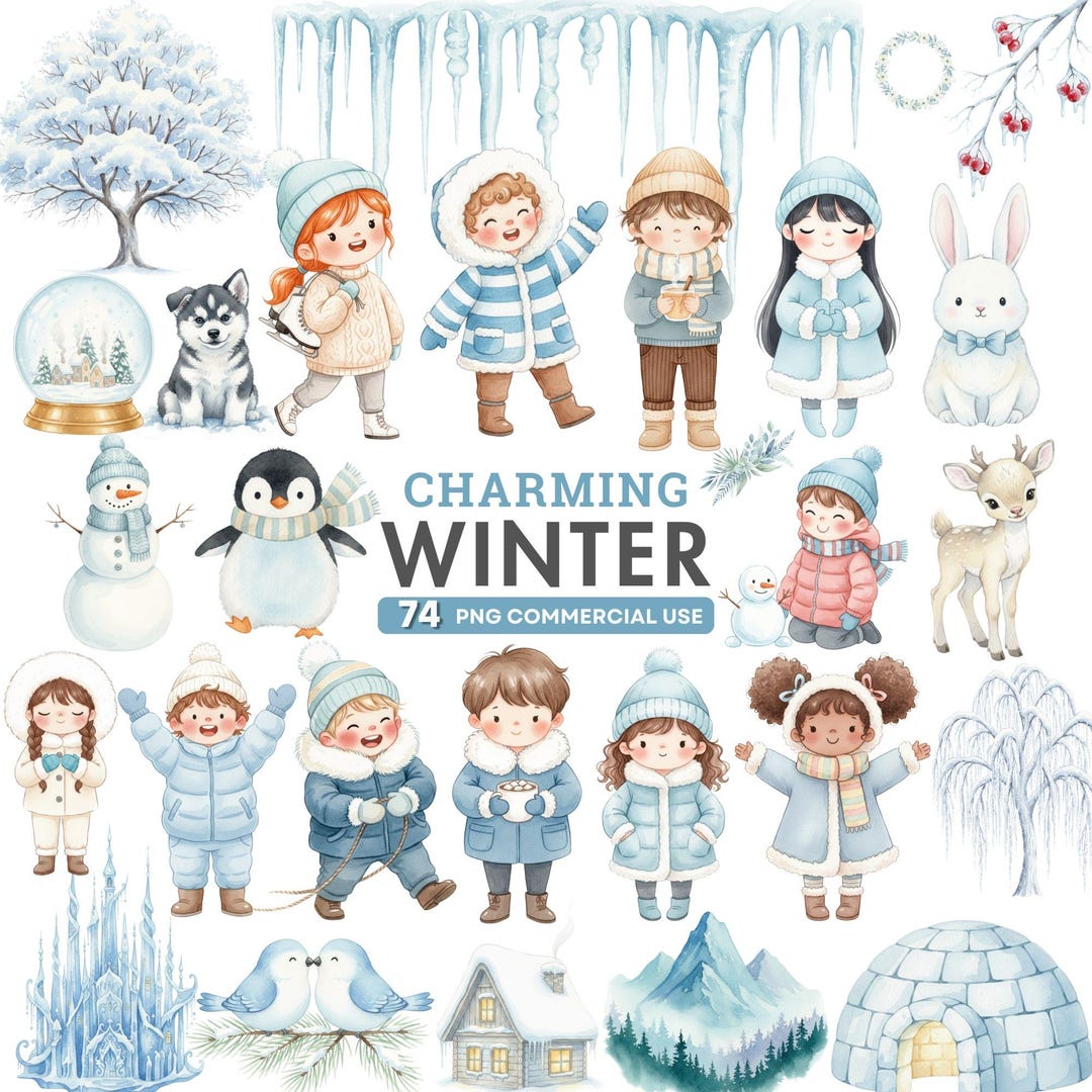 Cute Winter Clipart, Winter Kids PNG, Watercolor Snowman, Polar Bear ...