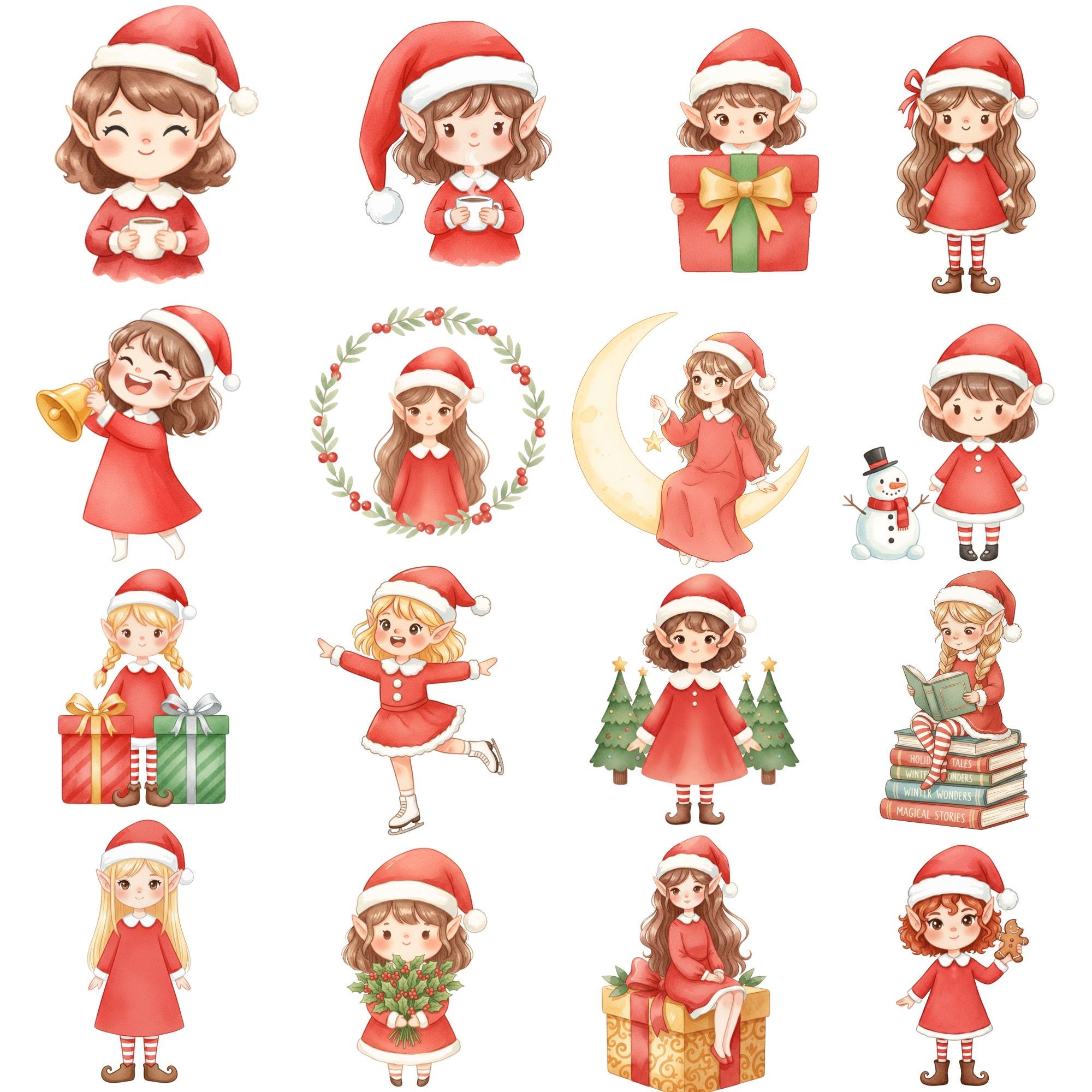 Christmas Elf Clipart Set, Watercolor Holiday Elves PNG, Cute Santa ...