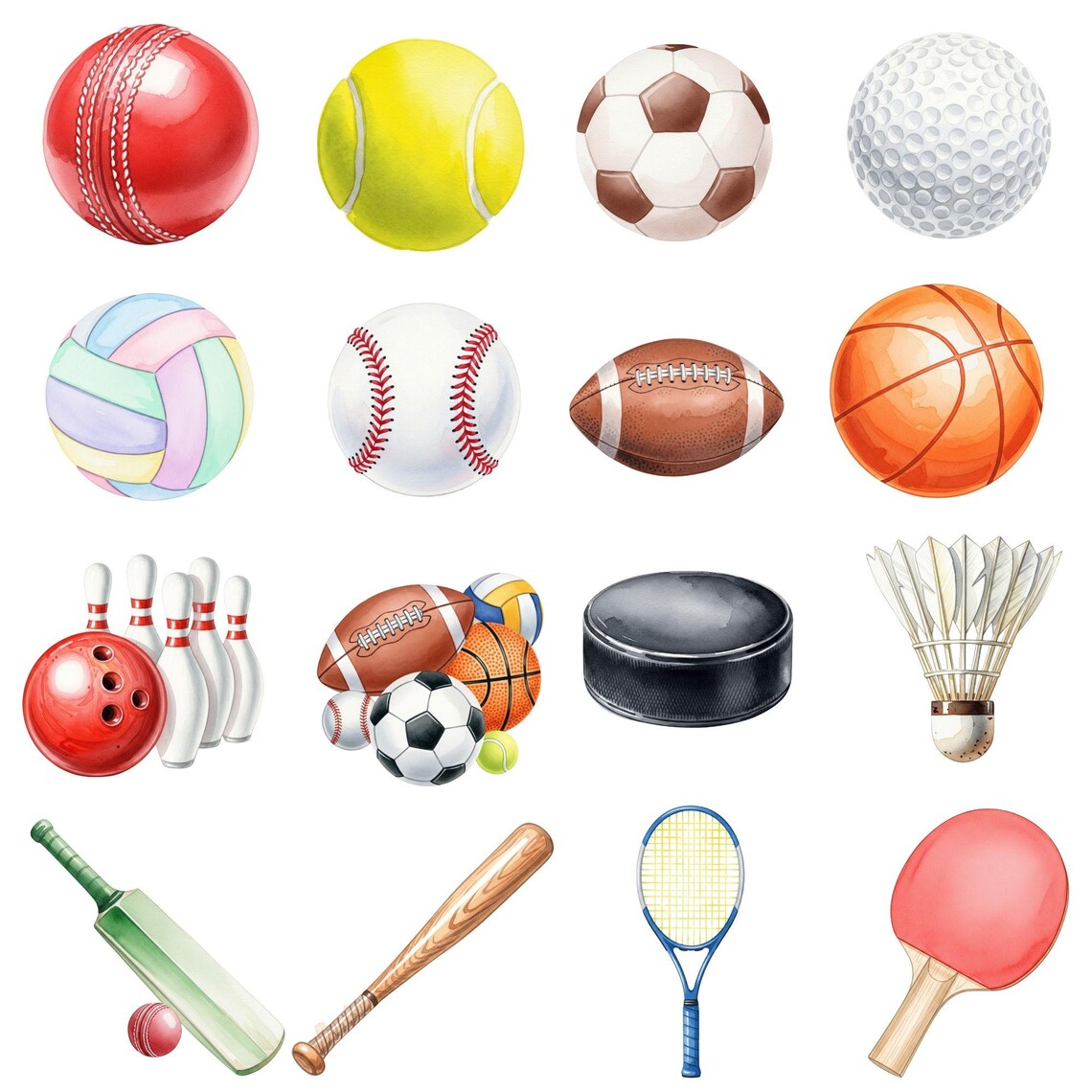 Watercolor Sports Clipart, Sports Balls PNG, Basketball Png, Football ...