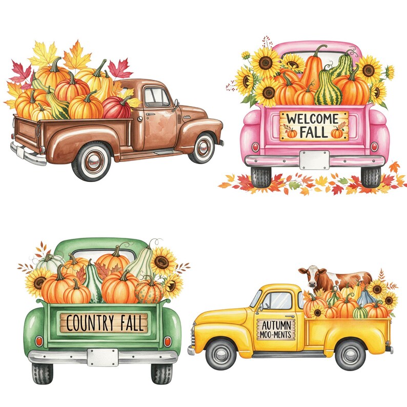 Watercolor Fall Truck Clipart, Pumpkin Truck PNG, Autumn Harvest Truck ...