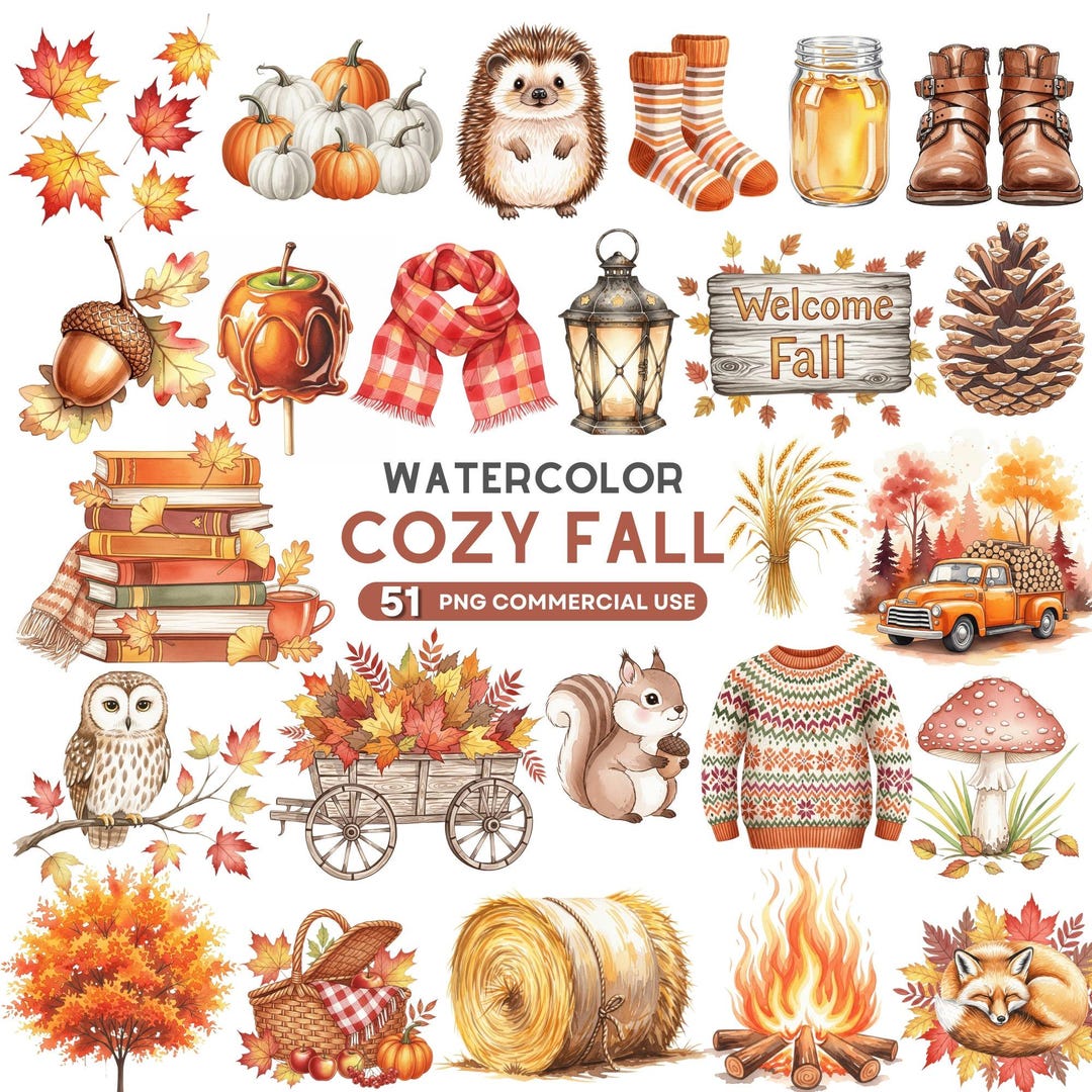 Cozy Fall Clipart, Autumn Clipart Bundle, Pumpkin Clipart, Fall Leaves ...