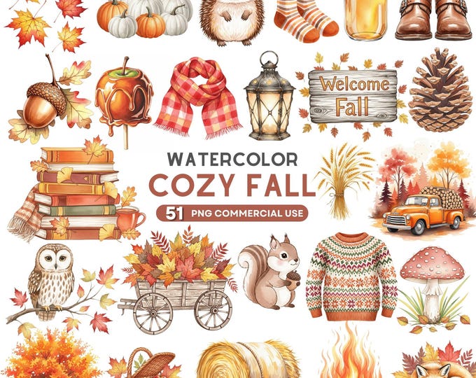 Watercolor Autumn Clipart Bundle: Cozy Fall PNG Graphics (commercial ...