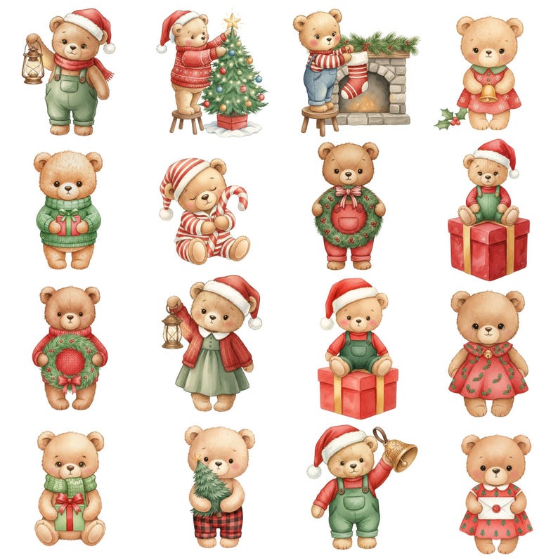 Christmas Teddy Bear Clipart, Whimsical Holiday Bear, Watercolor ...