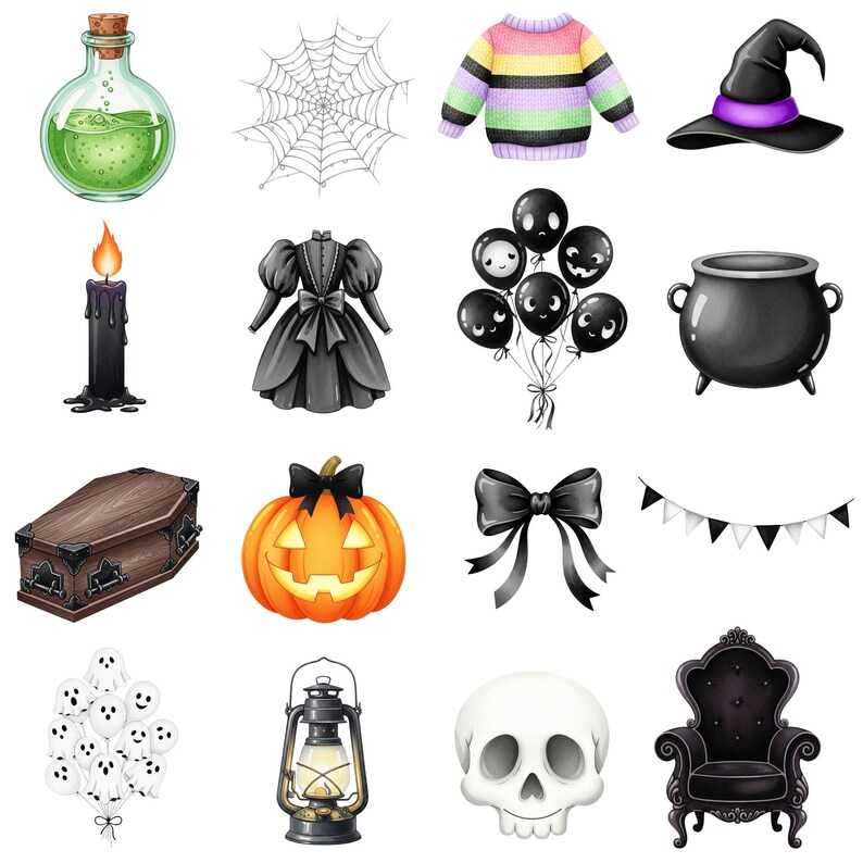 Cute Halloween Clipart, Spooky PNG, Witch Clip Art, Ghosts, Black Cat ...