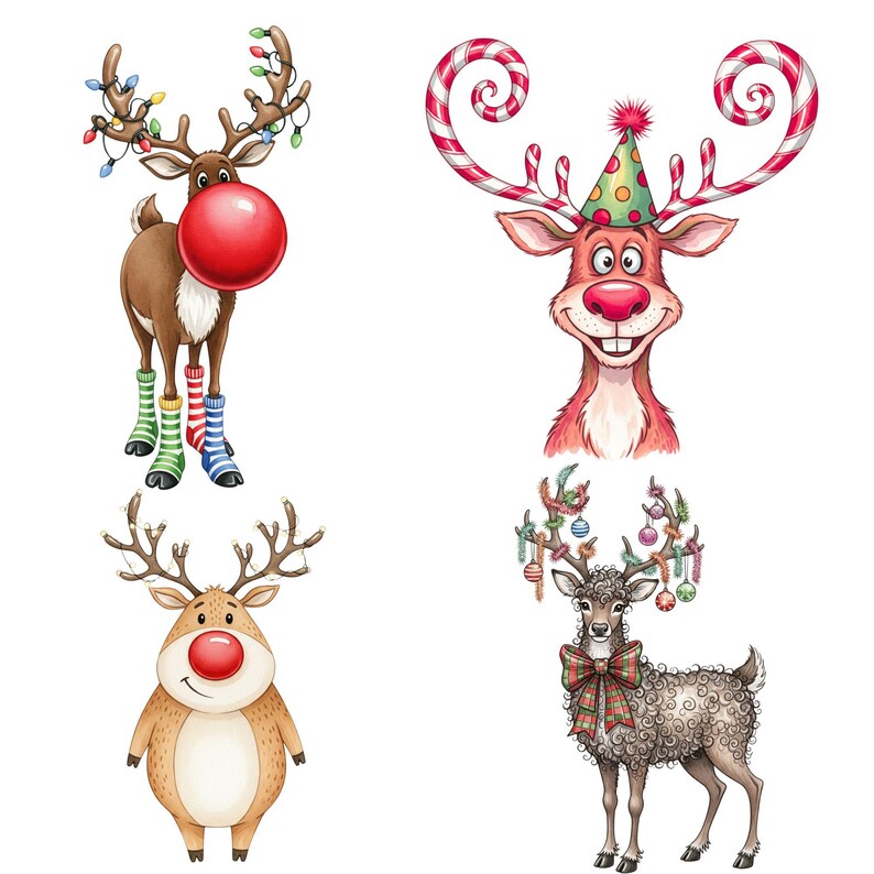 Quirky Christmas Reindeer Clipart, Funny Reindeer PNG, Watercolor ...