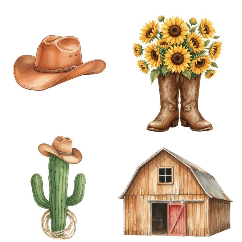 Watercolor Western Clipart, Rustic Cowboy Clipart, Cowgirl Hat Boots ...