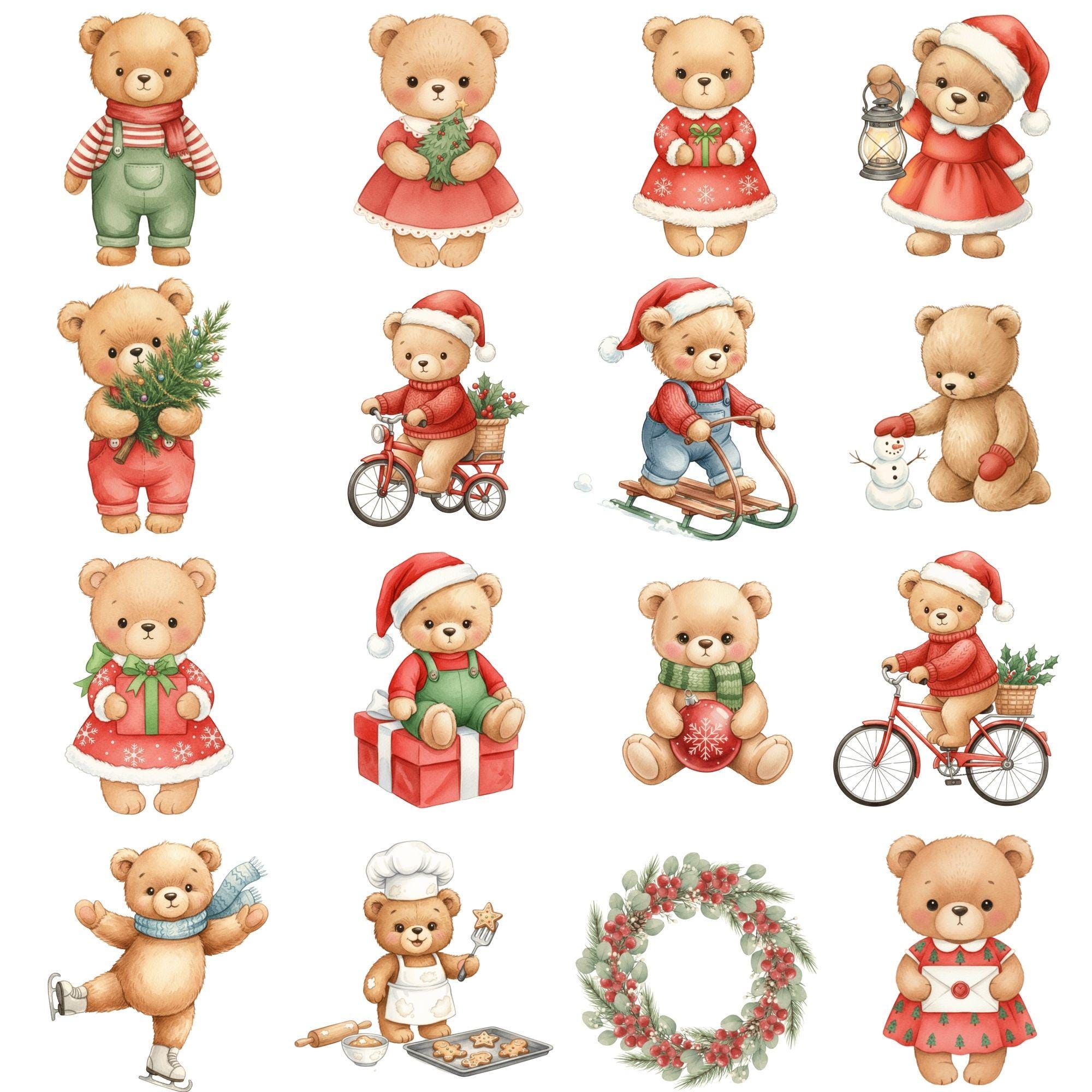 Christmas Teddy Bear Clipart, Whimsical Holiday Bear, Watercolor ...