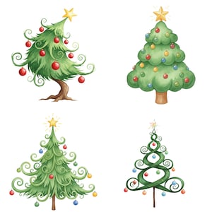 Whimsical Christmas Tree Clipart, Watercolor Tree Png, Quirky Holiday ...