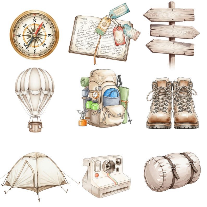 Travel Clipart, Vintage Watercolor Travel PNG, Vacation Clipart Bundle ...