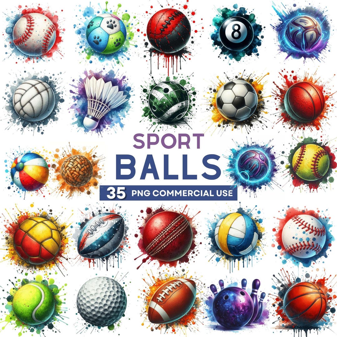 Watercolor Sports Ball Clipart, Basketball, Soccer, Football, Baseball ...