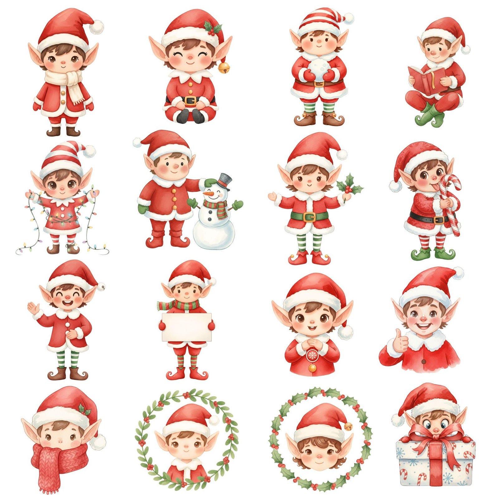 Christmas Elf Clipart Set, Watercolor Holiday Elves PNG, Cute Santa ...