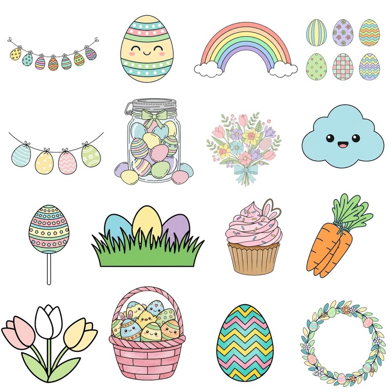 Cute Easter Clipart, Kawaii Easter Bunny PNG, Pastel Eggs and Chick ...