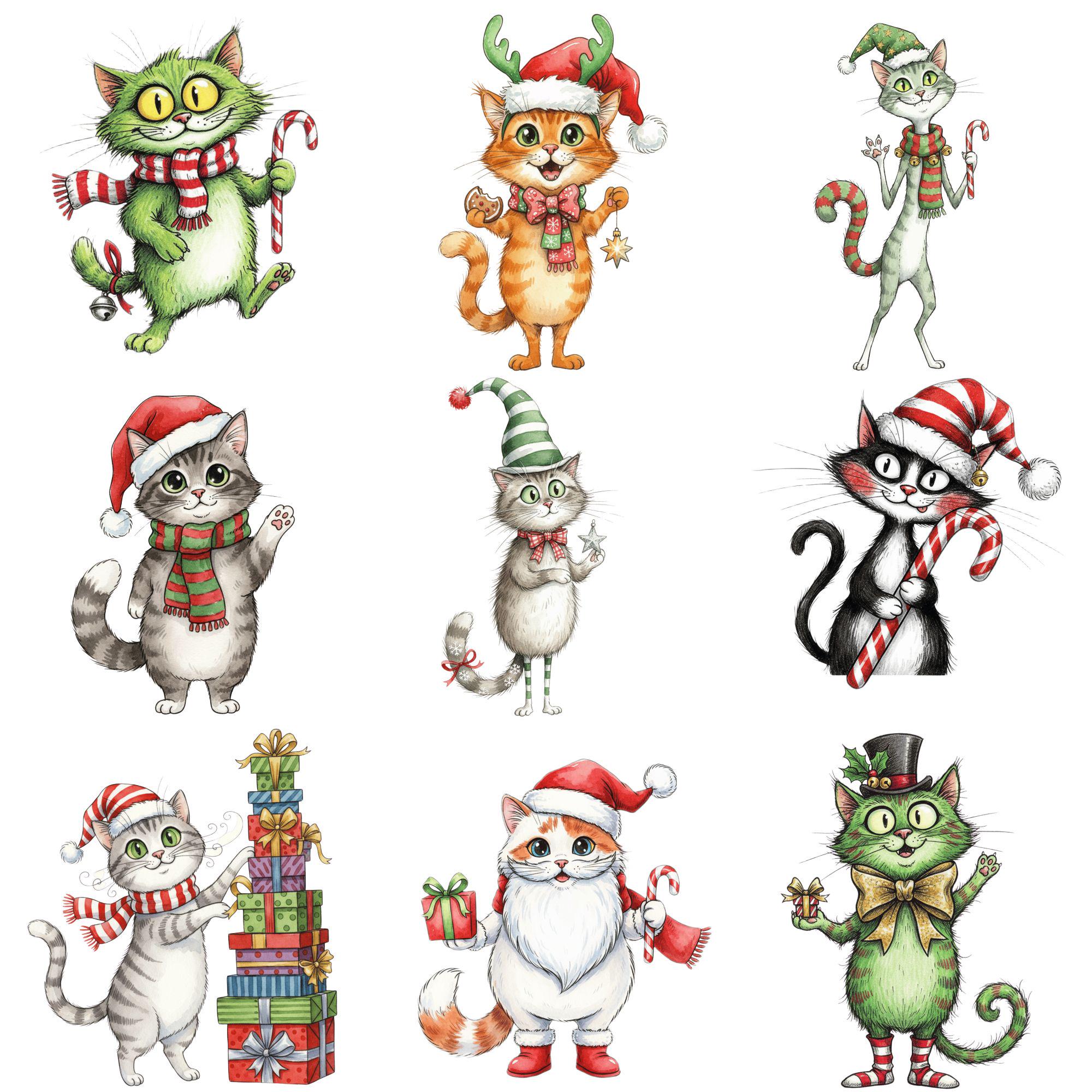 Funny Christmas Cat Clipart, Quirky Whimsical Holiday Cats PNG, Cute ...