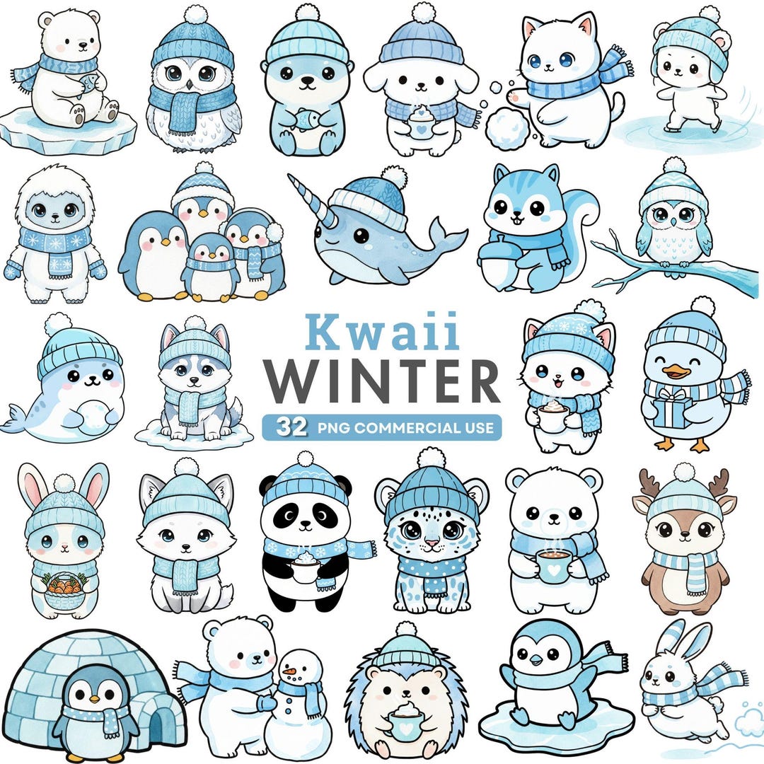 Kawaii Winter Clipart, Cute Winter Animals PNG, Blue Winter Critter ...