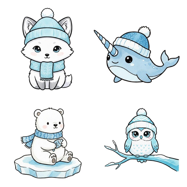 Kawaii Winter Clipart, Cute Winter Animals PNG, Blue Winter Critter ...
