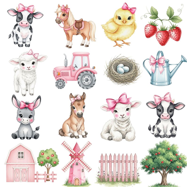 Cute Farm Clipart, Watercolor Farm Animals PNG, Baby Farm Clipart ...