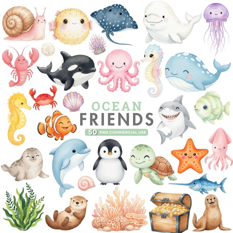 Cute Under the Sea Animals Clipart, Watercolor Ocean Animals PNG, Whale ...