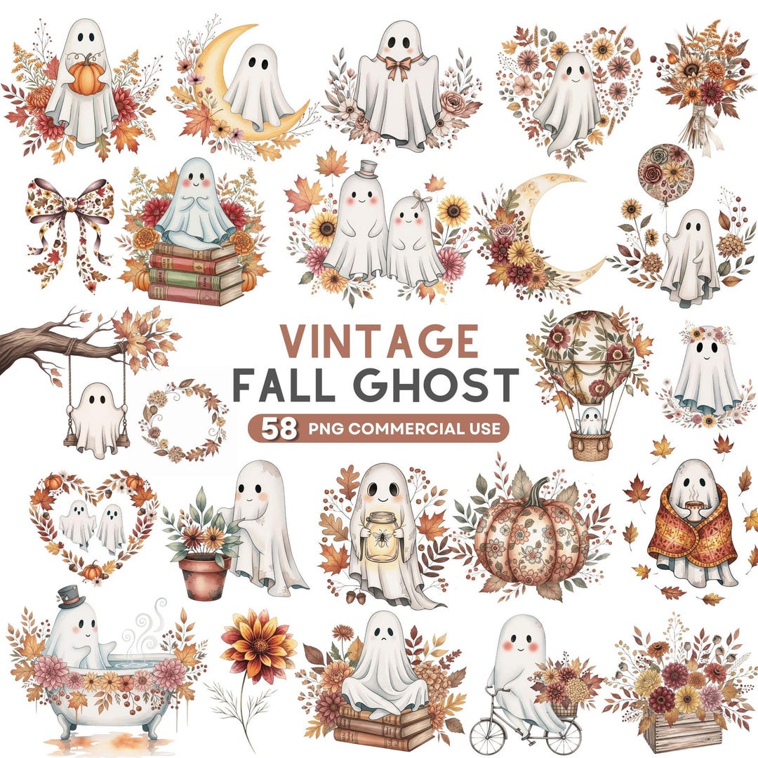 Vintage Fall Ghost Clipart, Boho Halloween Ghost PNG, Watercolor Floral ...