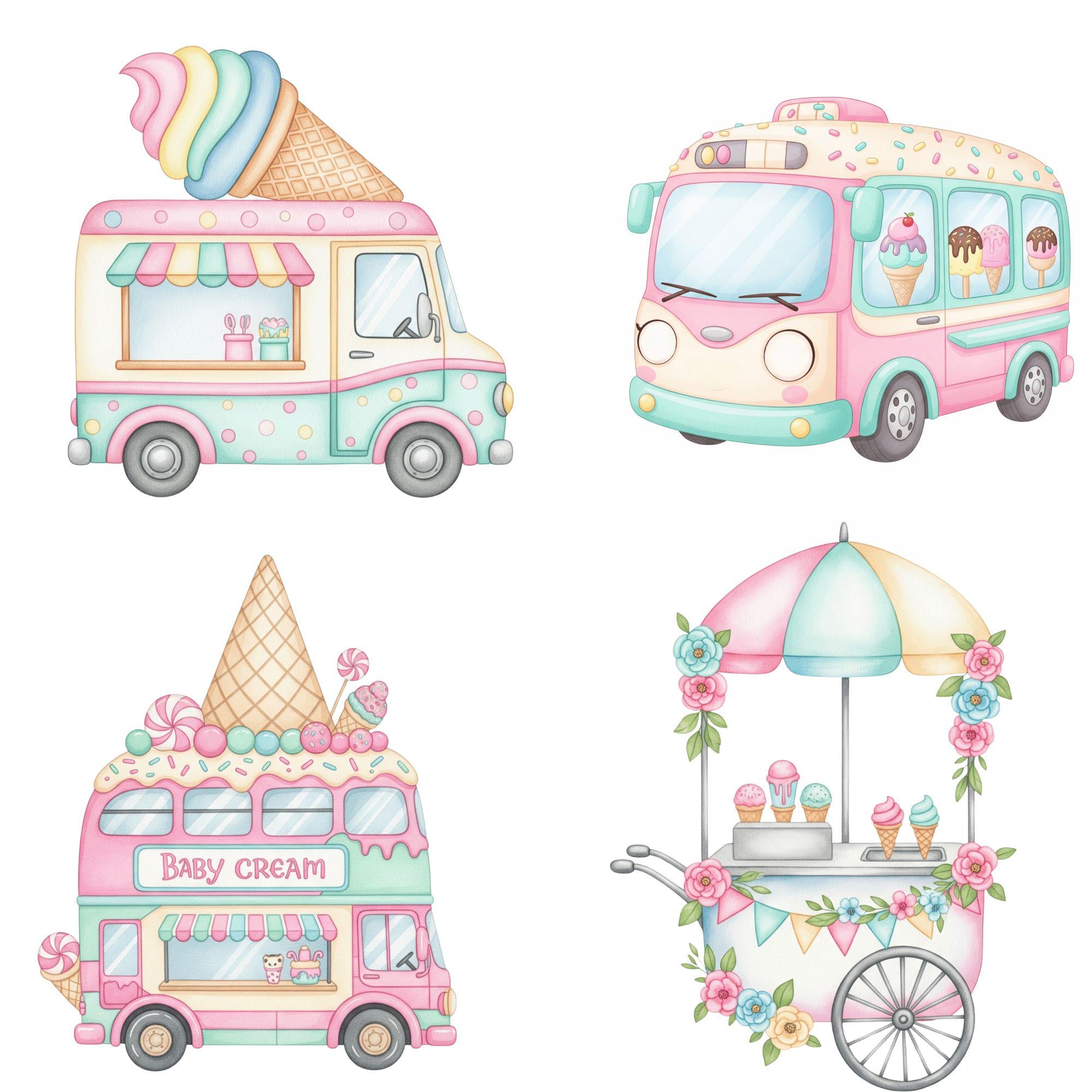 Ice Cream Truck Clipart, Ice Cream Cart PNG, Watercolor Ice Cream Van ...