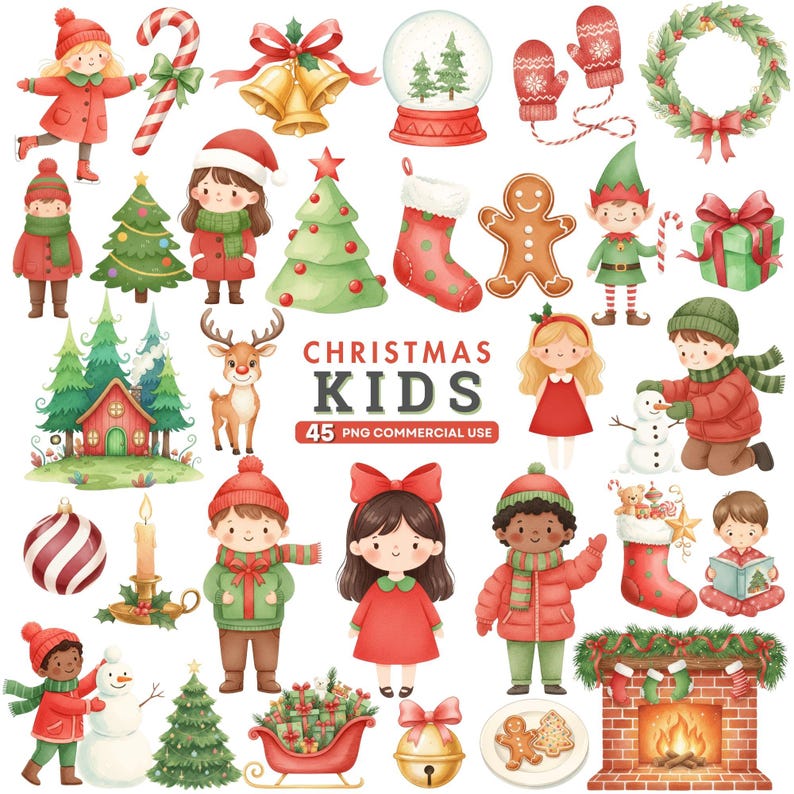 Watercolor Christmas Clipart, Christmas Kids PNG, Cute Elf Clipart ...