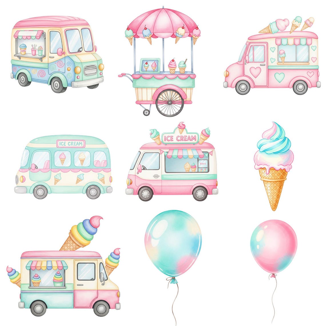 Ice Cream Truck Clipart, Ice Cream Cart PNG, Watercolor Ice Cream Van ...