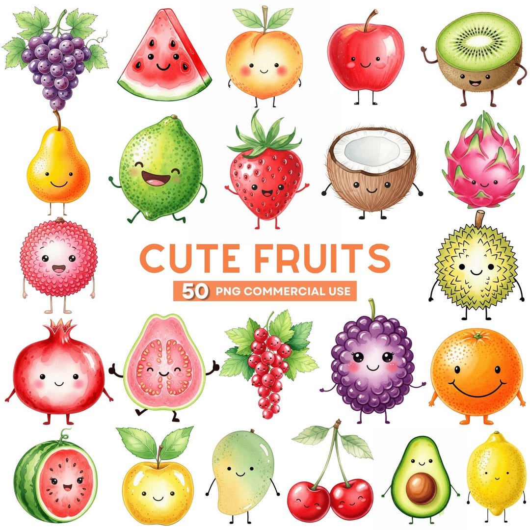 Cute Fruit Clipart, Kawaii Fruit Png, Watercolor Food Clipart, Summer ...