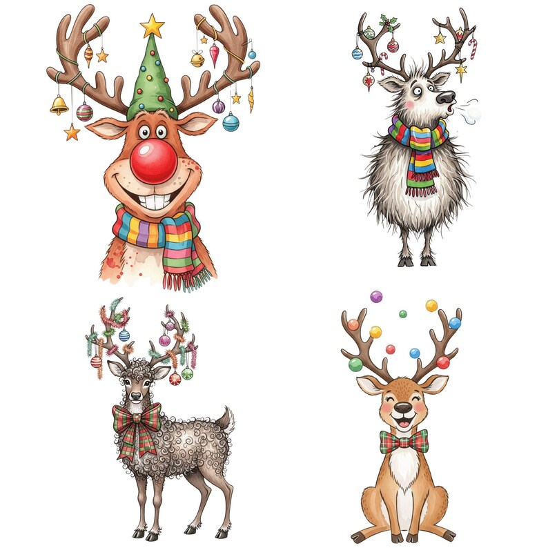 Quirky Christmas Reindeer Clipart, Funny Reindeer PNG, Watercolor ...