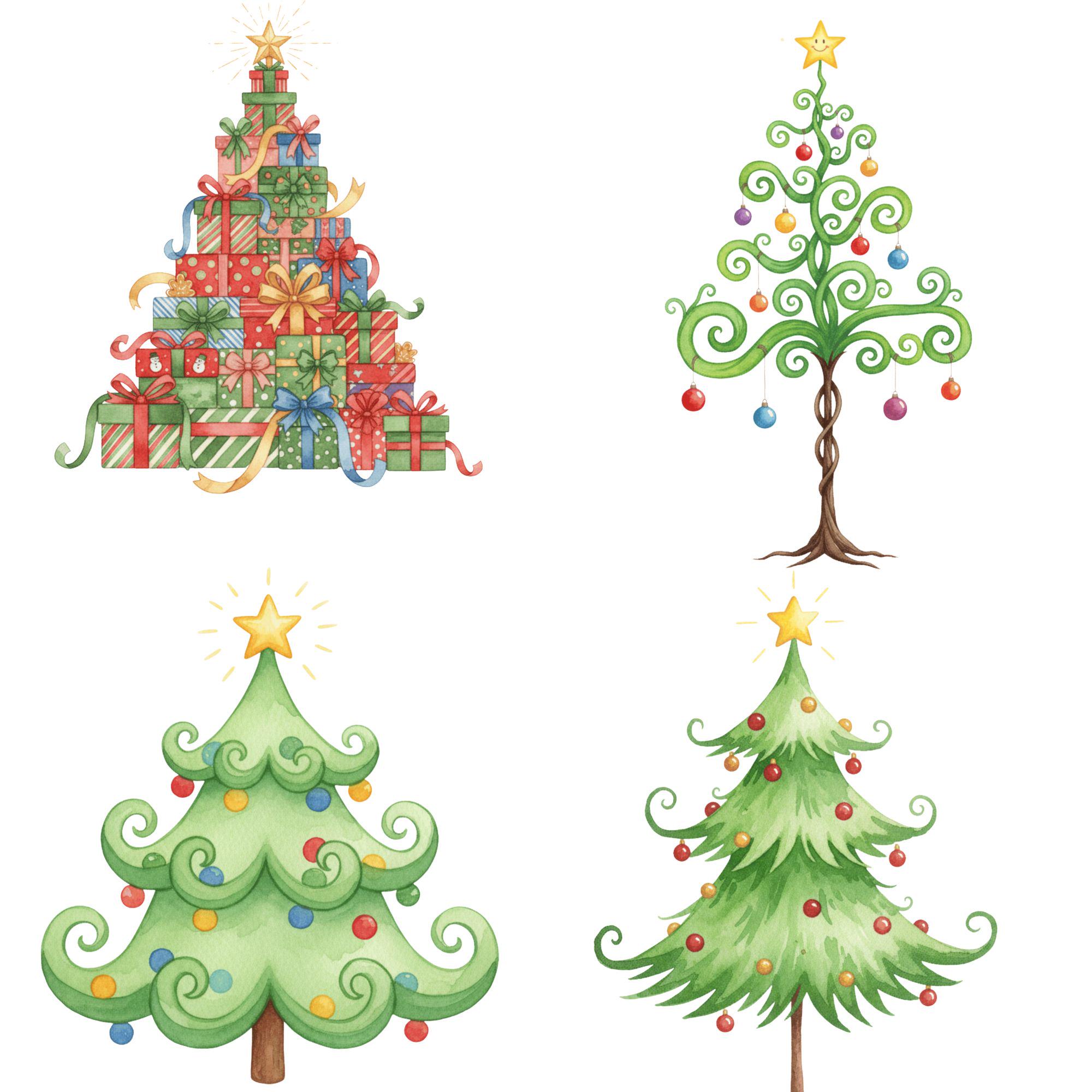 Whimsical Christmas Tree Clipart, Watercolor Tree Png, Quirky Holiday ...